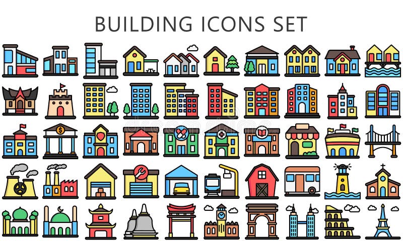 Building and Landmark Blue Color Icons Set Stock Illustration ...