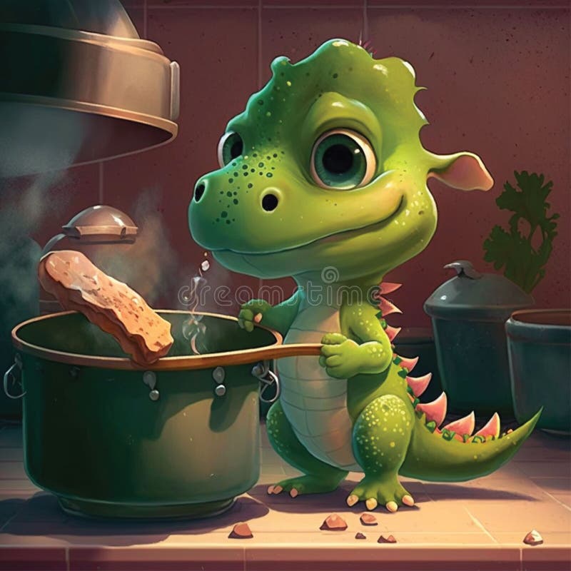 Cute Baby Dinosaur Cooking Delicious Treat in a Secret Kitchen Created ...