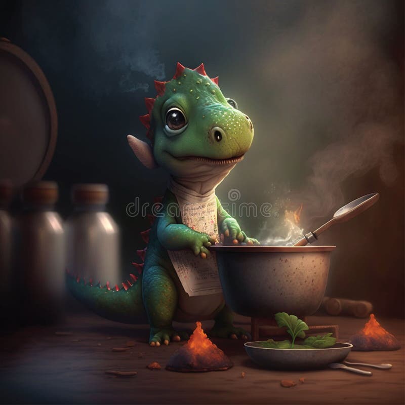 Cute Baby Dinosaur Cooking Delicious Treat in a Secret Kitchen Created ...