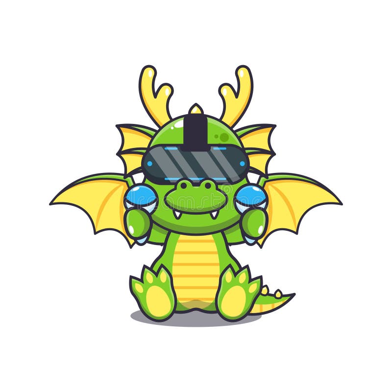 Cute Dragon Playing Virtual Reality Cartoon Vector Illustration Stock ...