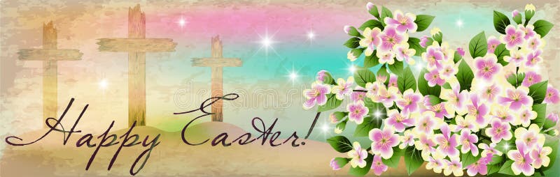 Happy Easter Banner. Christian Cross with Flowers Stock Vector ...