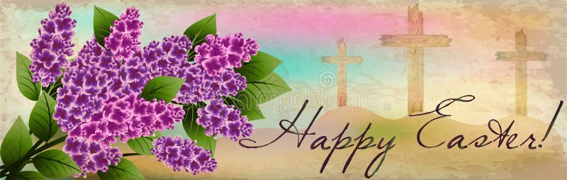 Happy Easter Banner. Christian Cross with Flowers Lilac Stock Vector ...
