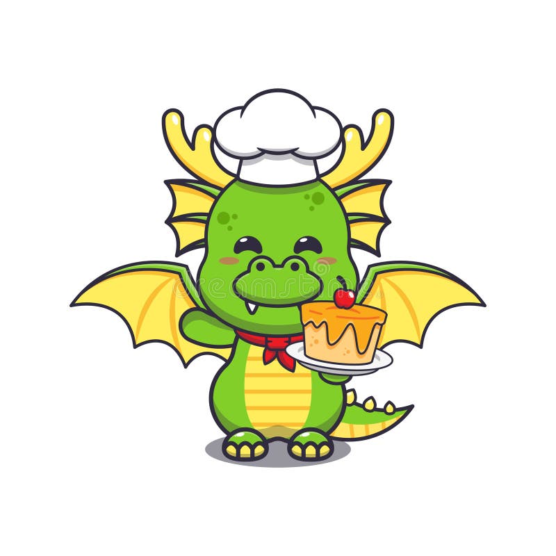 Cute Chef Dragon Mascot Cartoon Character with Cake. Stock Vector ...