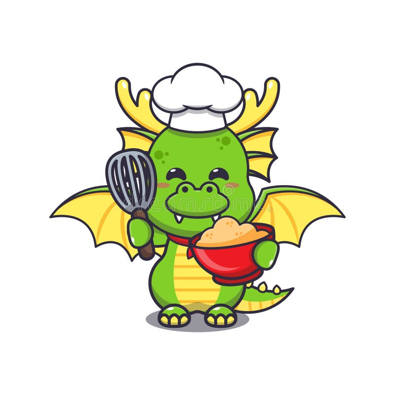 Cute Chef Dragon Mascot Cartoon Character with Cake Dough. Stock Vector ...