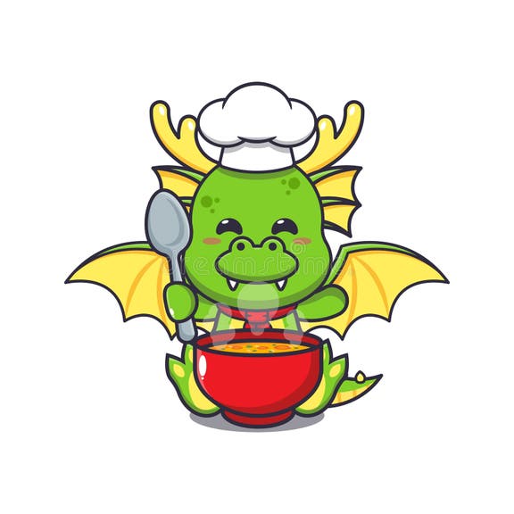 Cute Chef Dragon Mascot Cartoon Character with Soup. Stock Vector ...