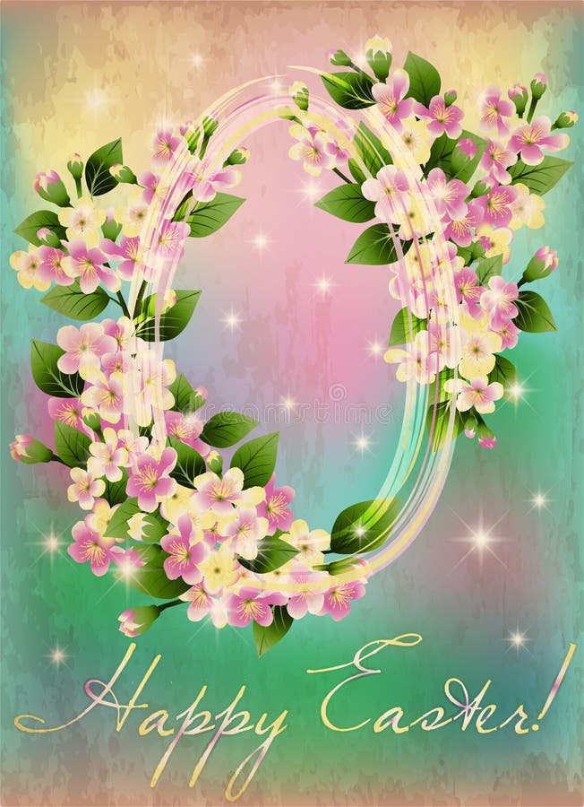 Happy Easter Egg with Cherry Flowers Invitation Card Stock Vector ...