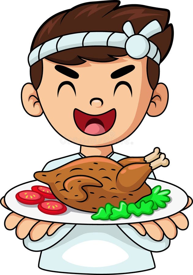 Cute Boy Showing Roast Chicken on Dish Stock Vector - Illustration of ...