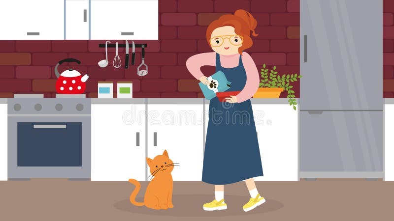 Woman with a Cat in the Kitchen. Stock Vector - Illustration of life ...
