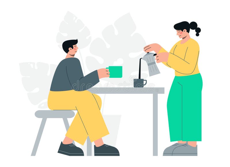 People on Kitchen Drink Tea from Teapot. Relax Time. Flat Vector ...