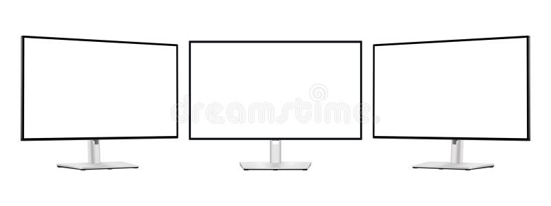 Modern Silver Computer Monitors with Blank Screens, Front and Side View ...