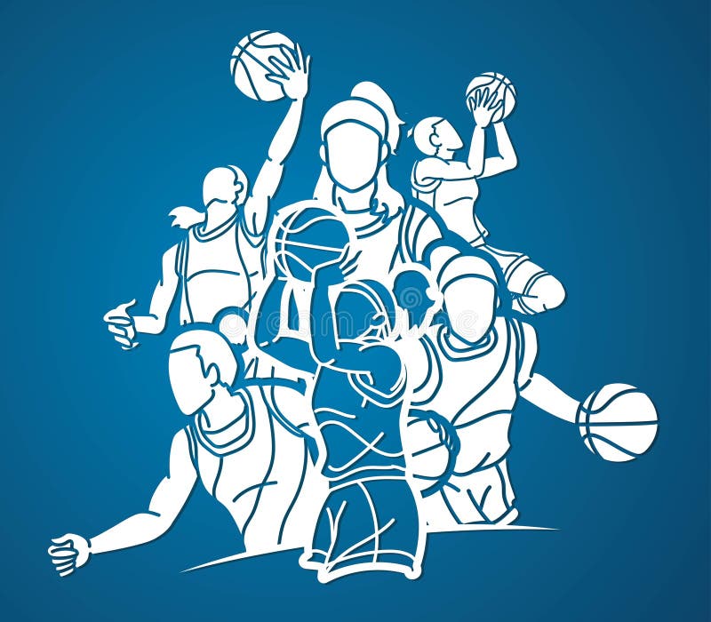 Group of Basketball Female Players Action Cartoon Sport Graphic Vector ...