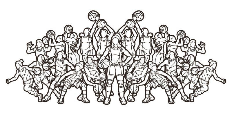 Group of Basketball Female Players Action Cartoon Sport Graphic Vector ...
