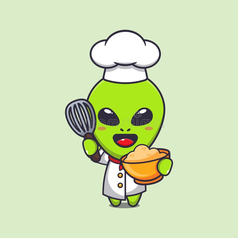 Cute Chef Alien with with Cake Batter Cartoon Vector Illustration ...
