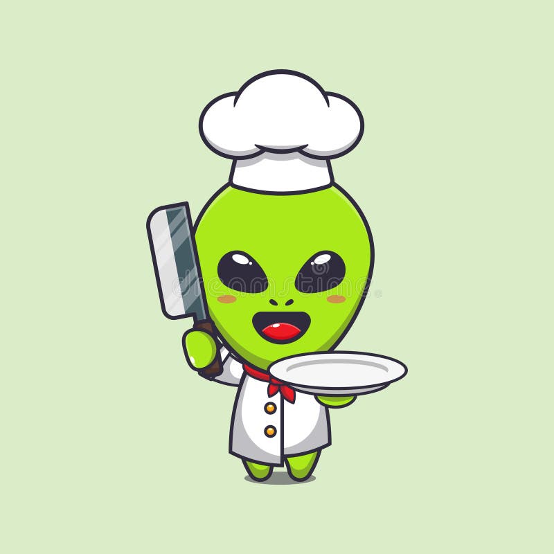 Cute Chef Alien with Knife and Plate Cartoon Vector Illustration. Stock ...