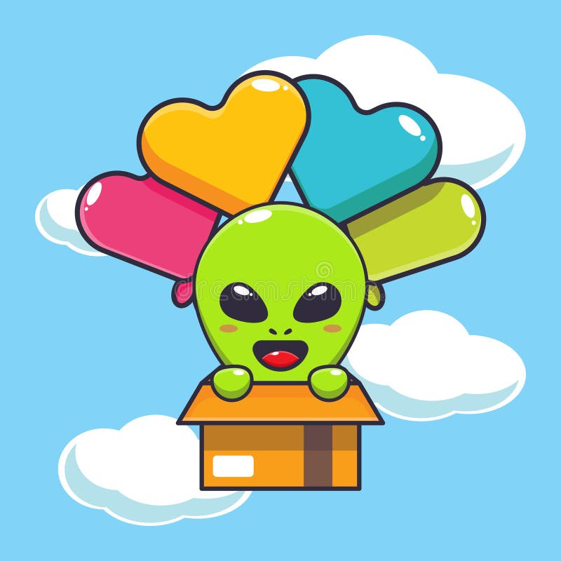 Cute Alien in Cardboard Box Flying with Balloon. Stock Illustration ...