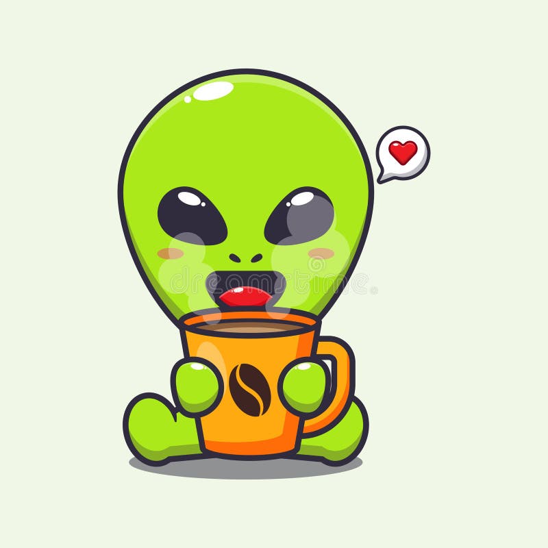 Cute Alien with Hot Coffee Cartoon Vector Illustration. Stock Vector ...