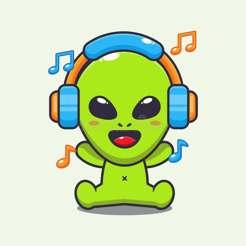 Cute Alien Listening Music with Headphone Cartoon Vector Illustration ...