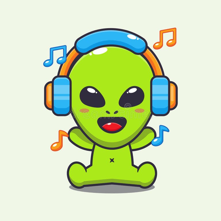 Cute Alien Listening Music with Headphone Cartoon Vector Illustration ...
