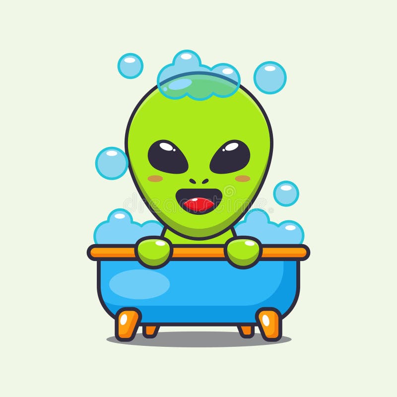 Cute Alien Taking Bubble Bath in Bathtub Cartoon Vector Illustration ...