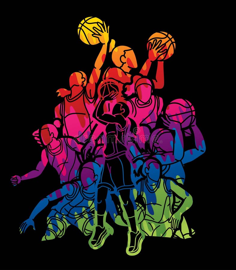 Group of Basketball Female Players Action Cartoon Sport Graphic Vector ...