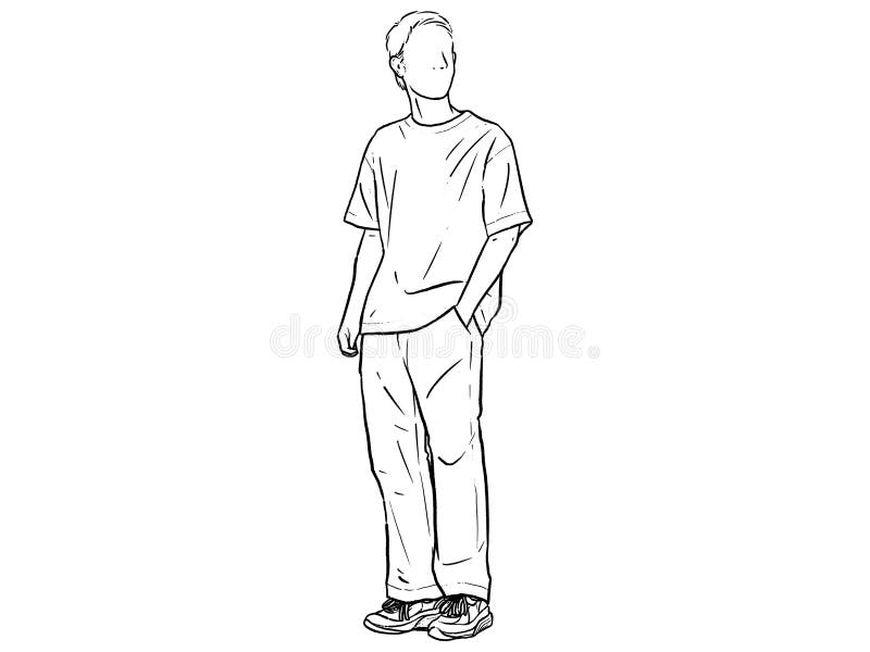 Man Standing with His Hands in His Pants Pocket Line Vector Drawing ...