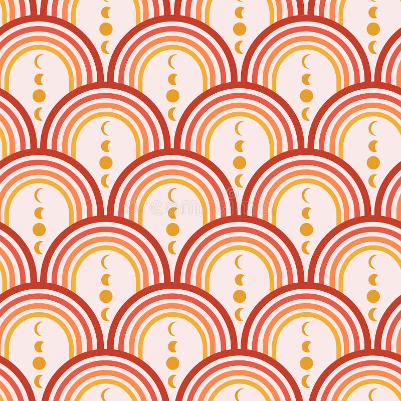 Abstract Art Deco Rainbows in Red, Orange and Yellow Seamless Pattern ...