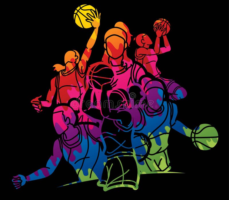 Group of Basketball Female Players Action Cartoon Sport Graphic Vector ...