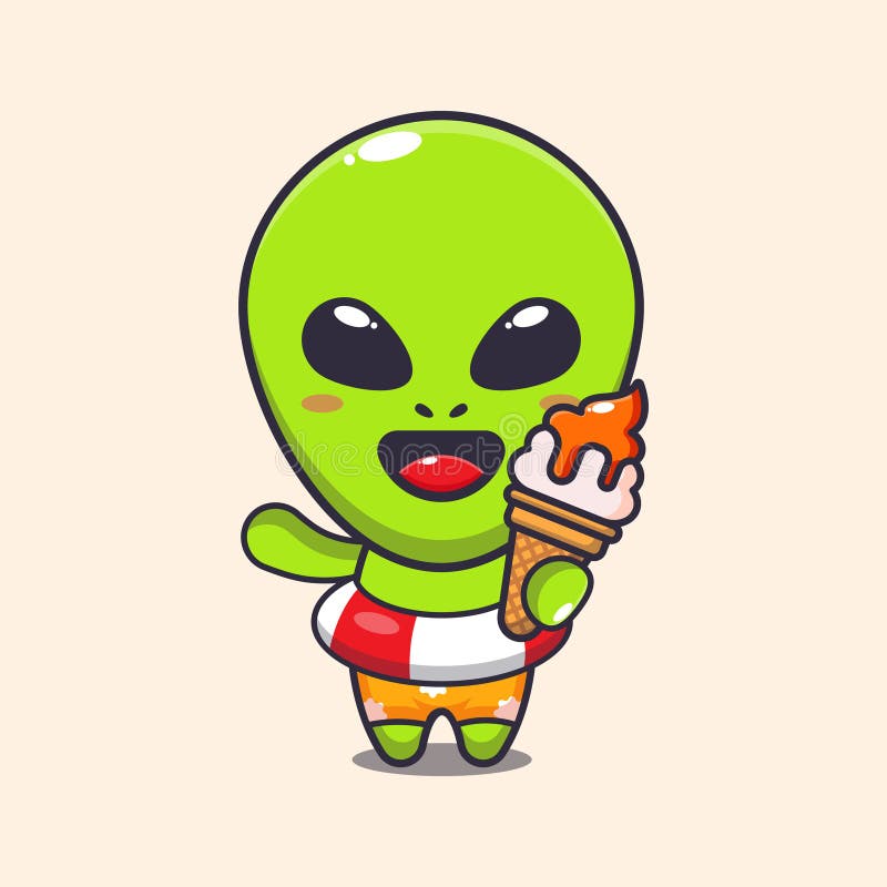 Cute Alien with Ice Cream on Beach Cartoon Vector Illustration. Stock ...