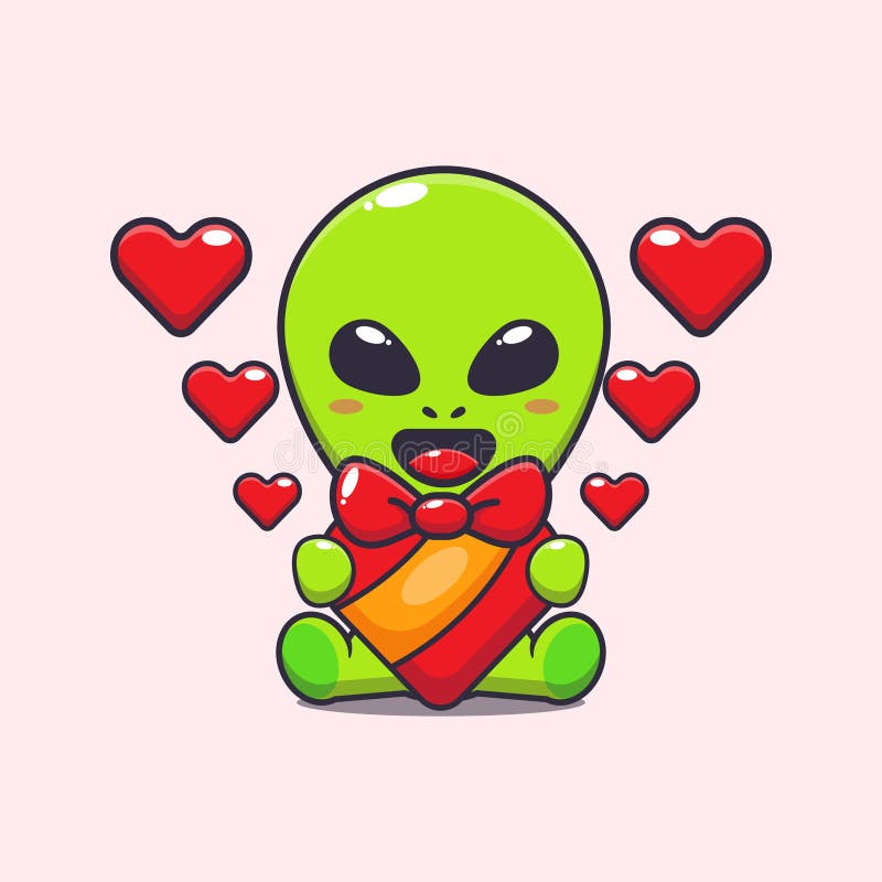 Cute Alien Happy with Love Gift in Valentine S Day. Stock Vector ...