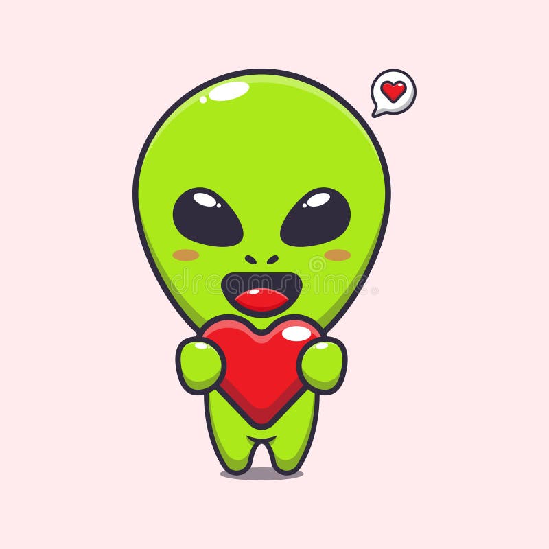 Cute Alien Holding Love Heart Cartoon Vector Illustration. Stock Vector ...
