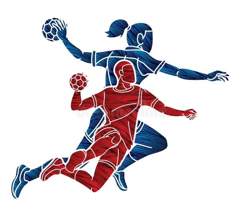 Handball Sport Team Male and Female Players Mix Action Cartoon Graphic ...