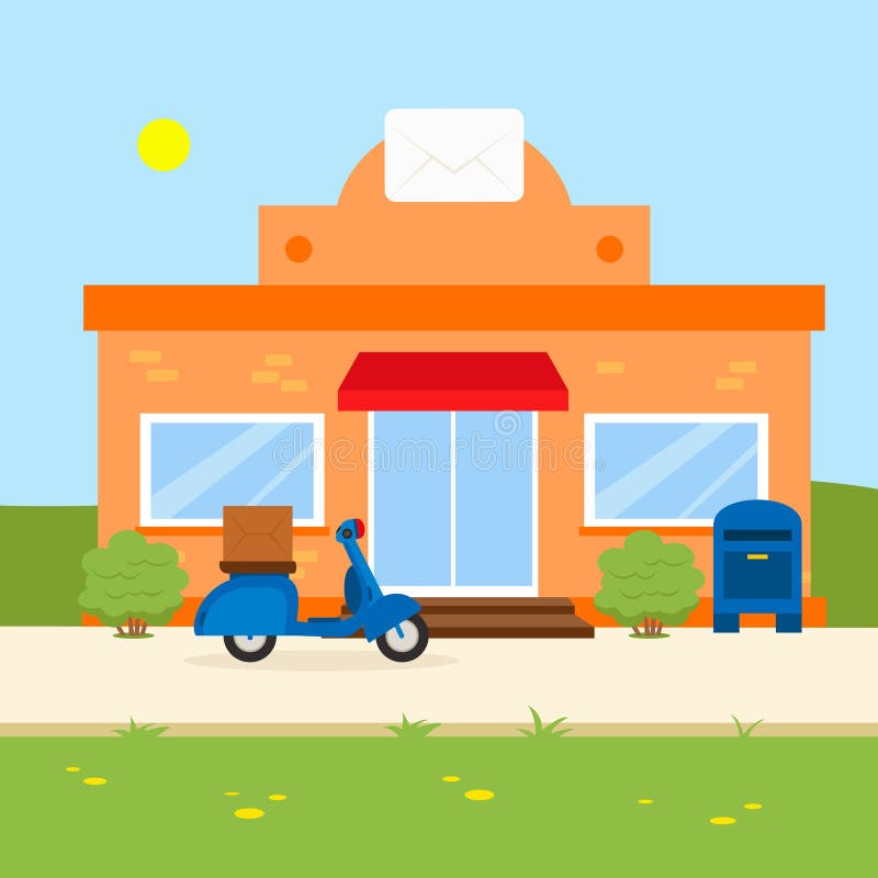 Post Office Building with Mail Box and Scooter. Flat Style. Stock ...