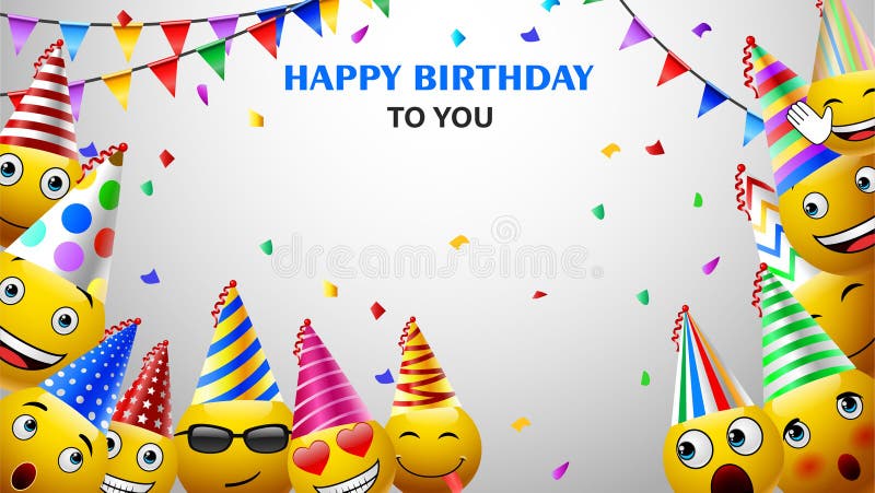 Happy Birthday Design with Smileys Wearing Birthday Hat Stock ...