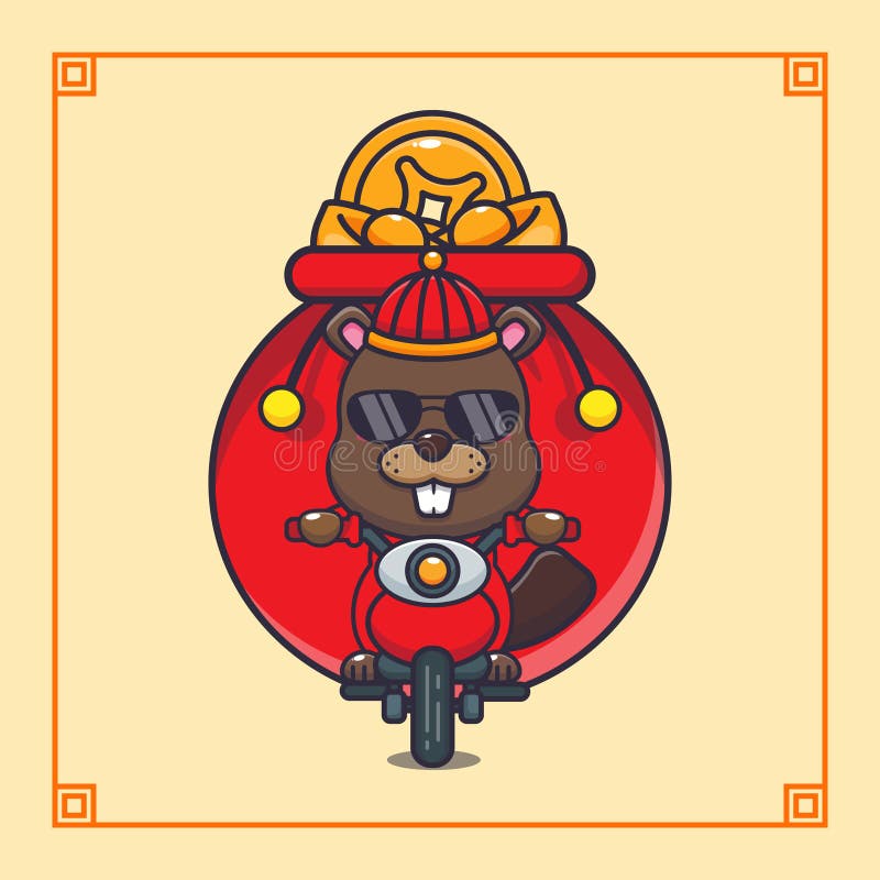 Cute Beaver Riding a Motorcycle with a Lot of Gold in Chinese New Year ...