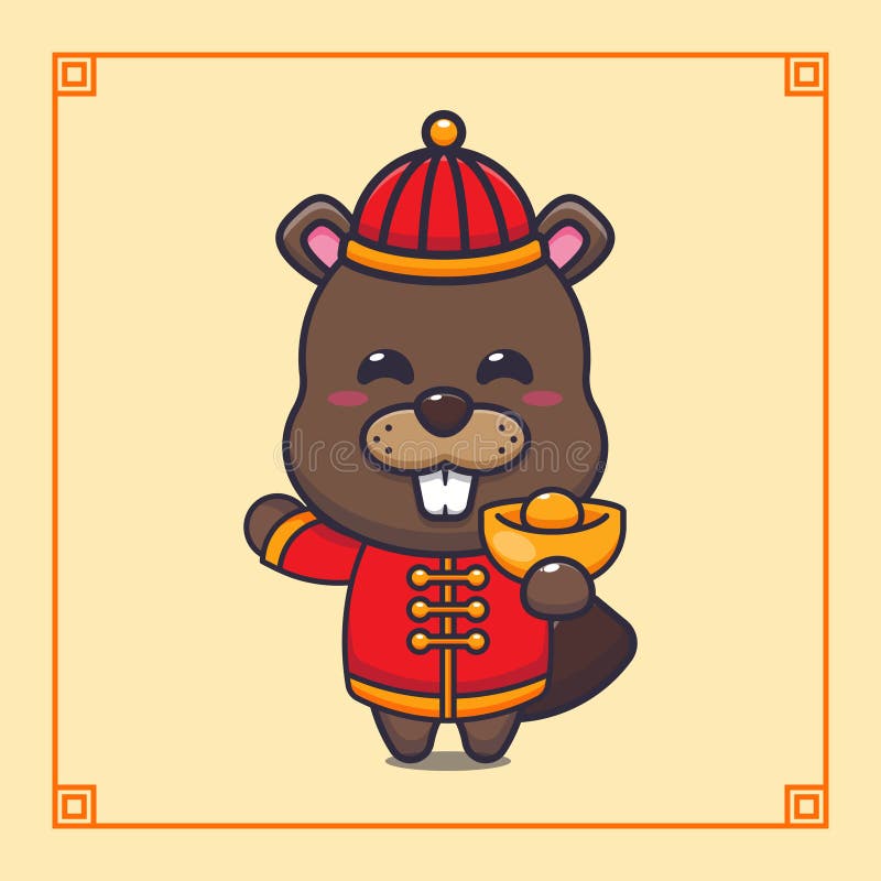 Cute Beaver Holding Gold Money in Chinese New Year. Stock Vector ...