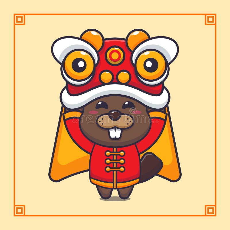 Cute Beaver Playing Lion Dance in Chinese New Year. Stock Vector ...