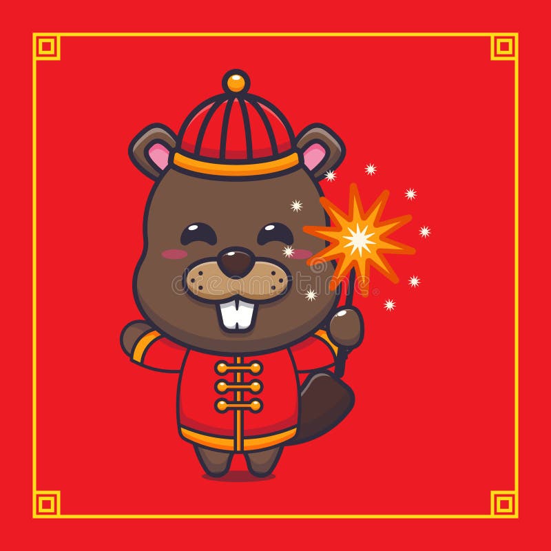Cute Beaver Playing Firework in Chinese New Year. Stock Vector ...
