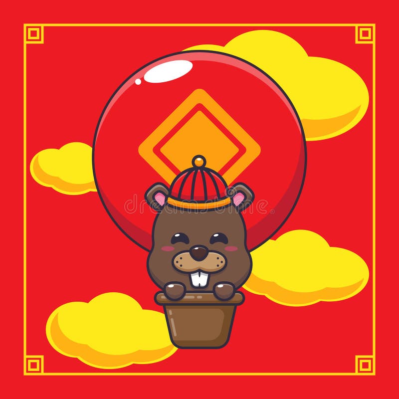 Cute Beaver Fly with Air Balloon in Chinese New Year. Stock Vector ...
