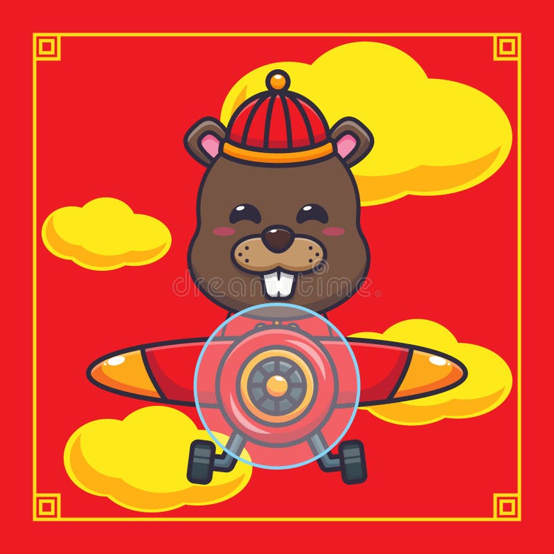Cute Beaver Fly with Plane in Chinese New Year. Stock Vector ...