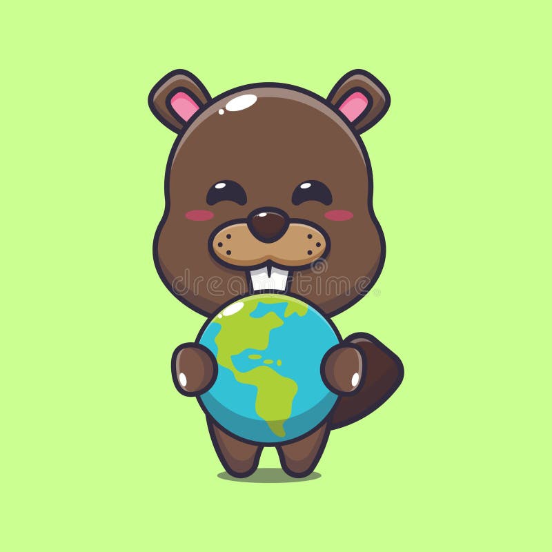 Cute Beaver Hugging Earth Cartoon Vector Illustration. Stock Vector ...