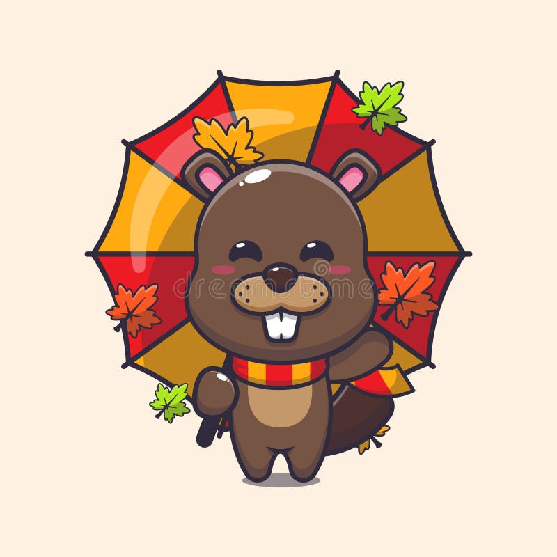 Cute Beaver with Umbrella at Autumn Season. Stock Vector - Illustration ...