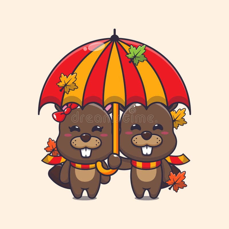 Cute Couple Beaver with Umbrella at Autumn Season. Stock Vector ...
