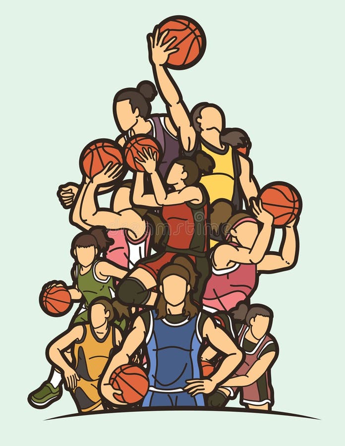 Group of Basketball Women Players Action Cartoon Sport Team Graphic ...