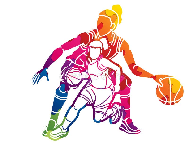 Basketball Team Women Players Action Cartoon Sport Team Graphic Vector ...
