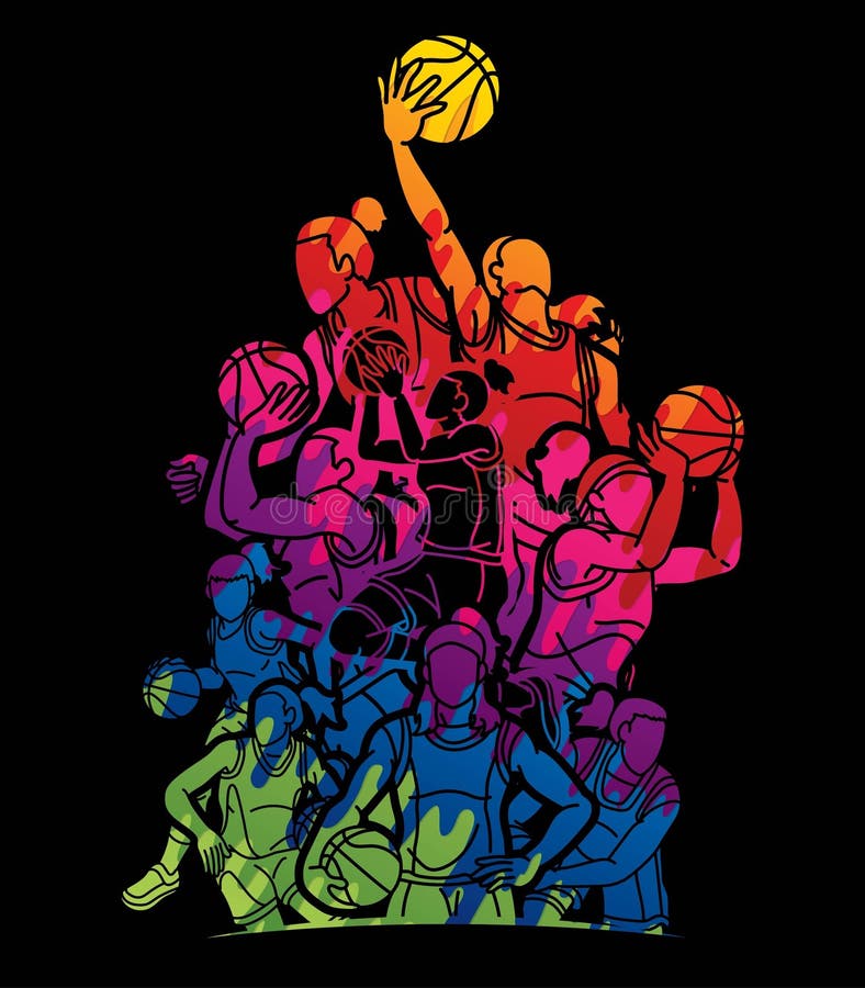 Basketball Team Women Players Action Cartoon Sport Team Graphic Vector ...