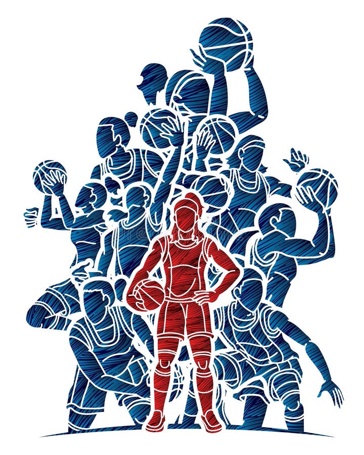 Basketball Team Women Players Action Cartoon Sport Team Graphic Vector ...