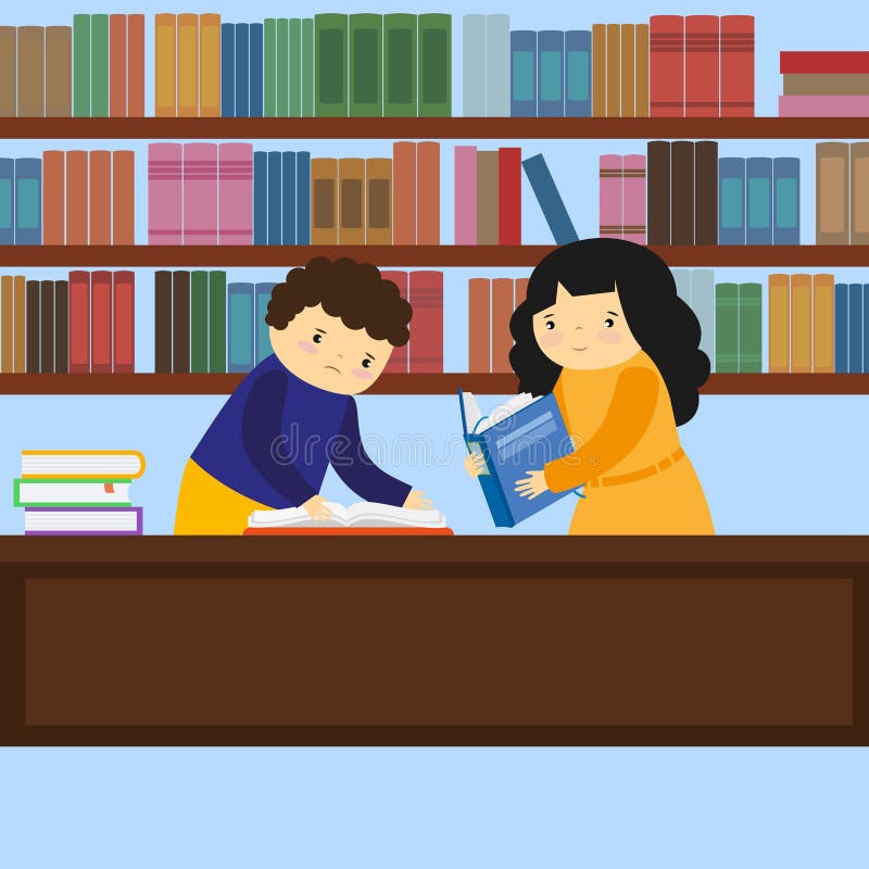 Boy and Girl Reading Books in Library. Vector Illustration Stock Vector ...
