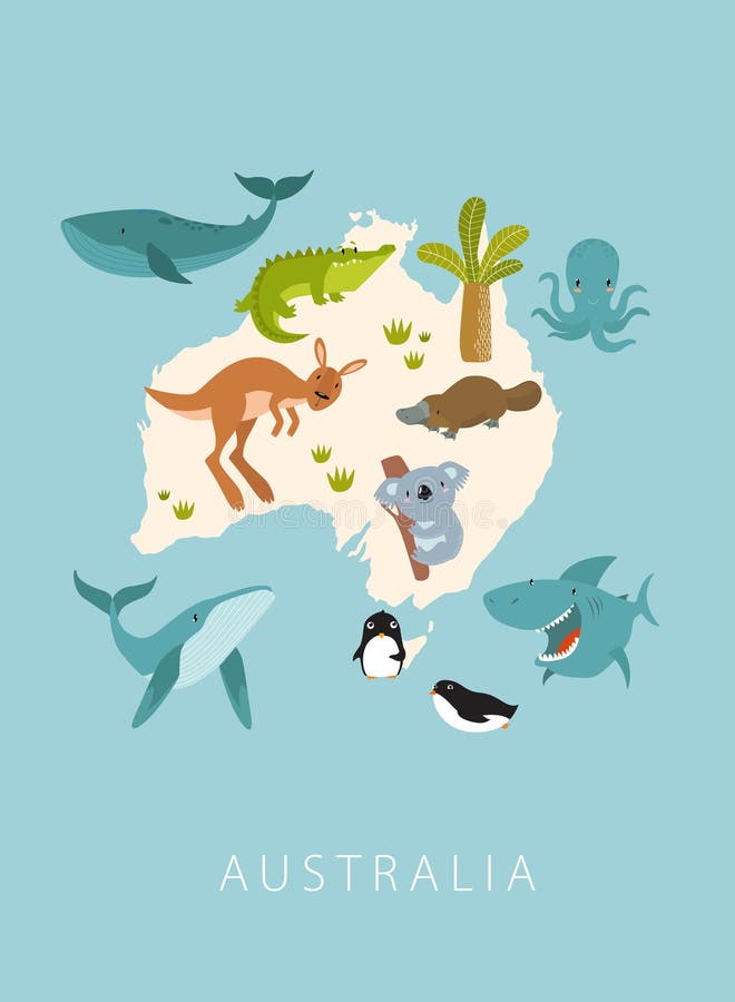 Print. Vector Poster "Australia" with Animals of the Continent. Cartoon ...