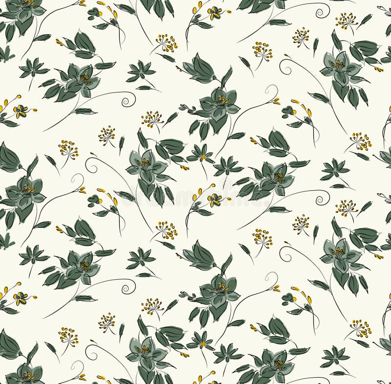 Eamless Hand Drawn Flowers Pattern. Green and Yellow Floral Motif ...