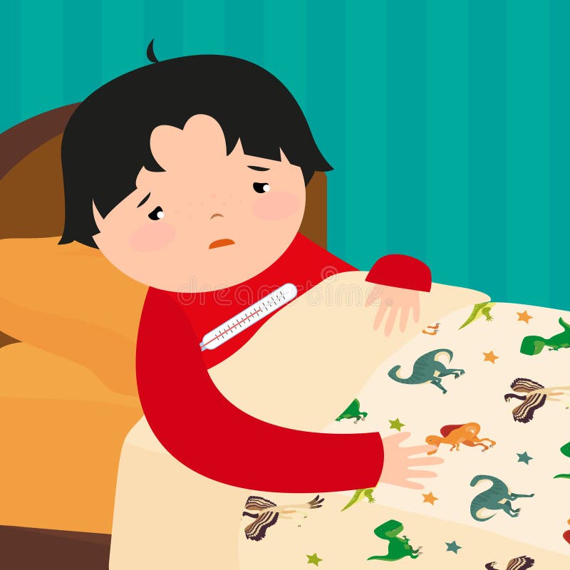 Sick Boy in Bed Under the Blanket. Sick Child Stock Vector ...